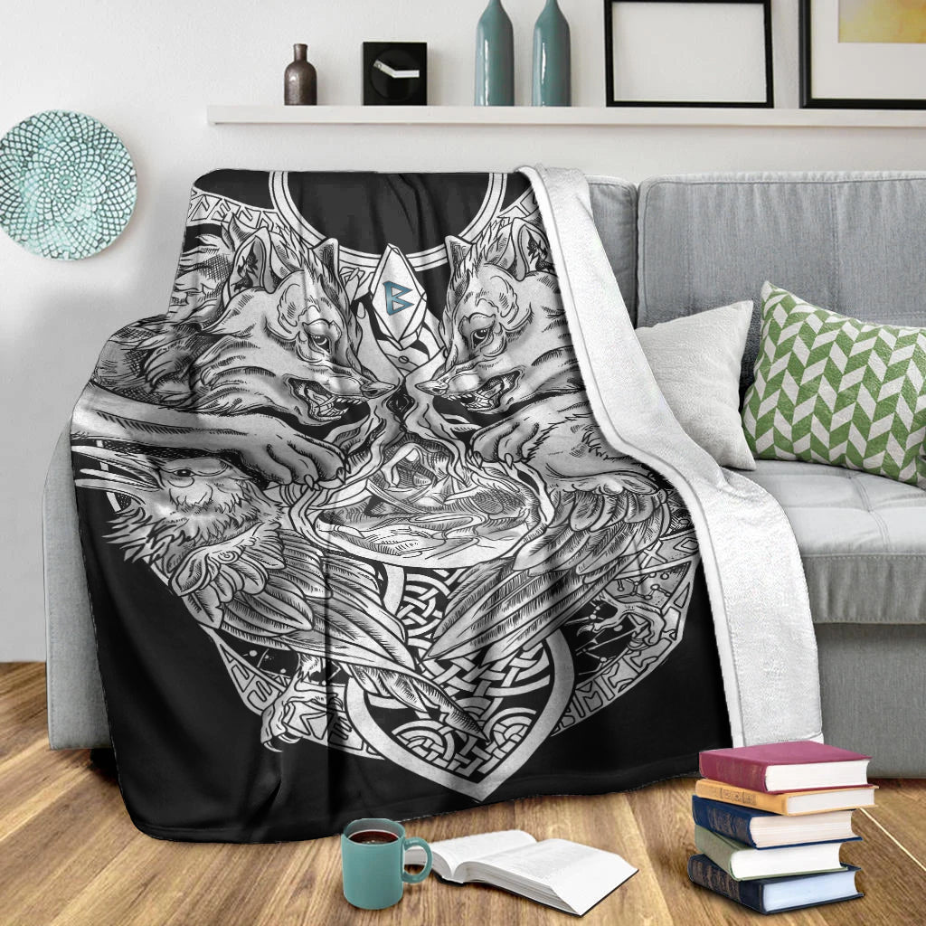 Viking Norse Blanket Berkano Rune, Wolf And Raven Tattoo - University Shirt