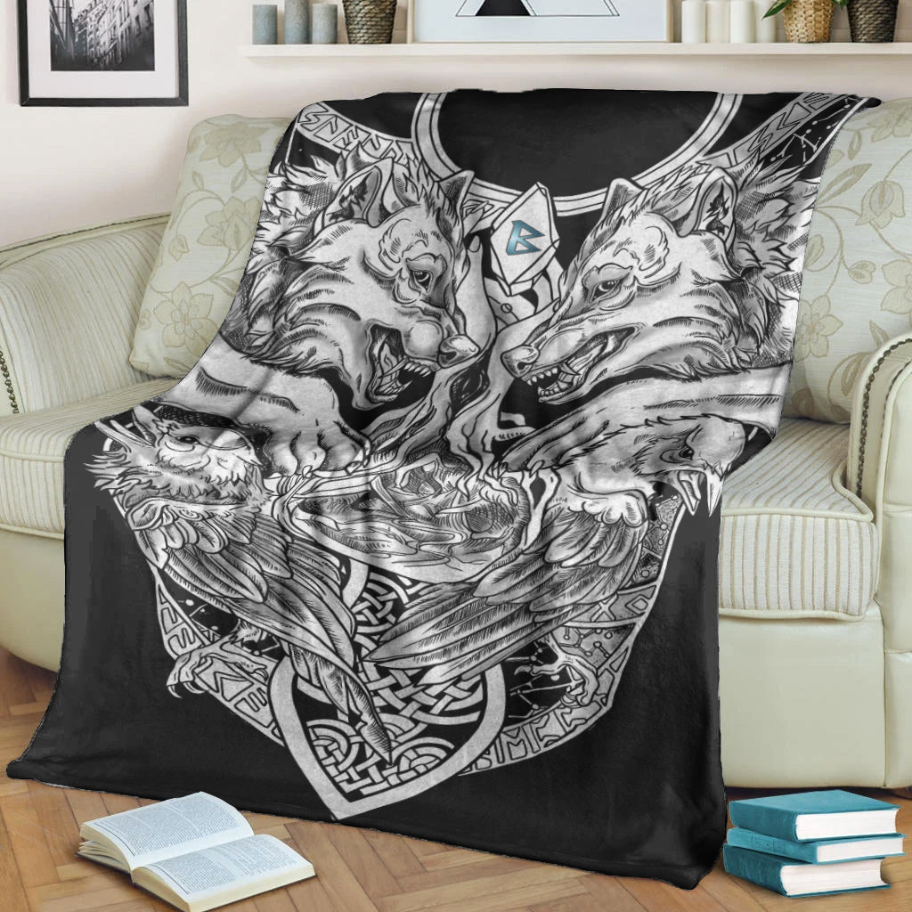 Viking Norse Blanket Berkano Rune, Wolf And Raven Tattoo - University Shirt
